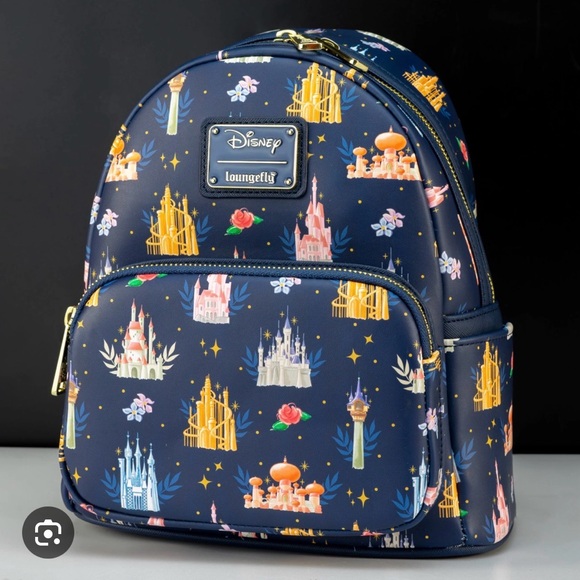 Loungefly | Bags | Loungefly Navy Backpack With Colorful Castle Design ...